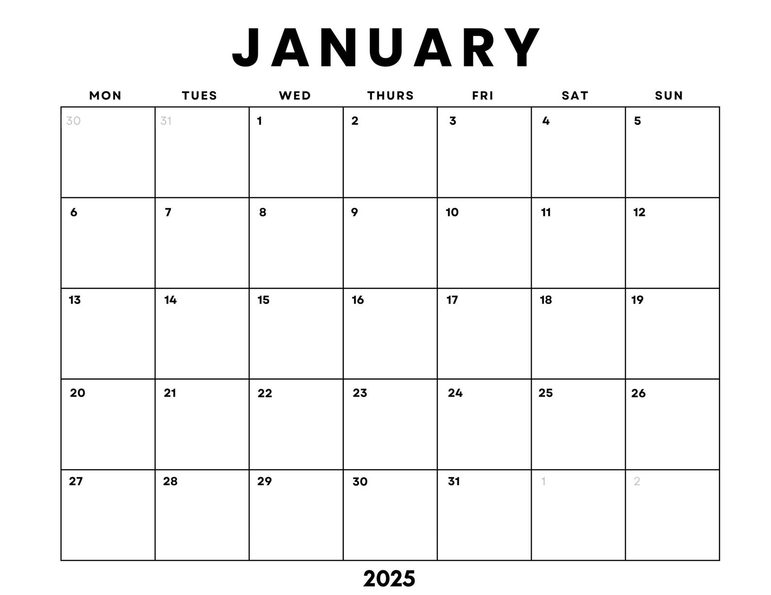 Dated 2025 Monthly Calendar Printable Letter Size PDF 12 Monthls ...