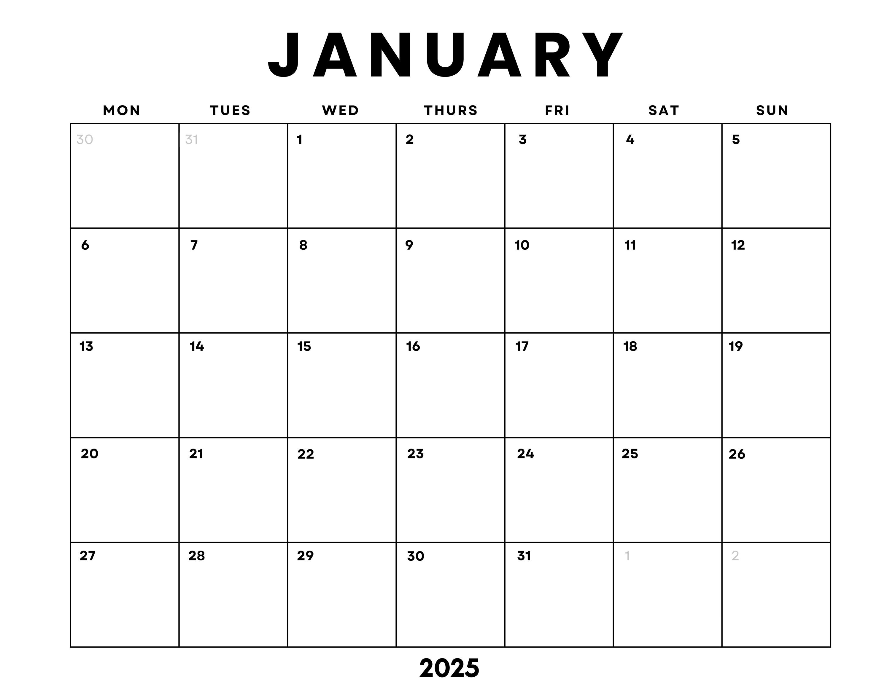 Dated 2025 Monthly Calendar Printable Letter Size PDF 12 Monthls ...