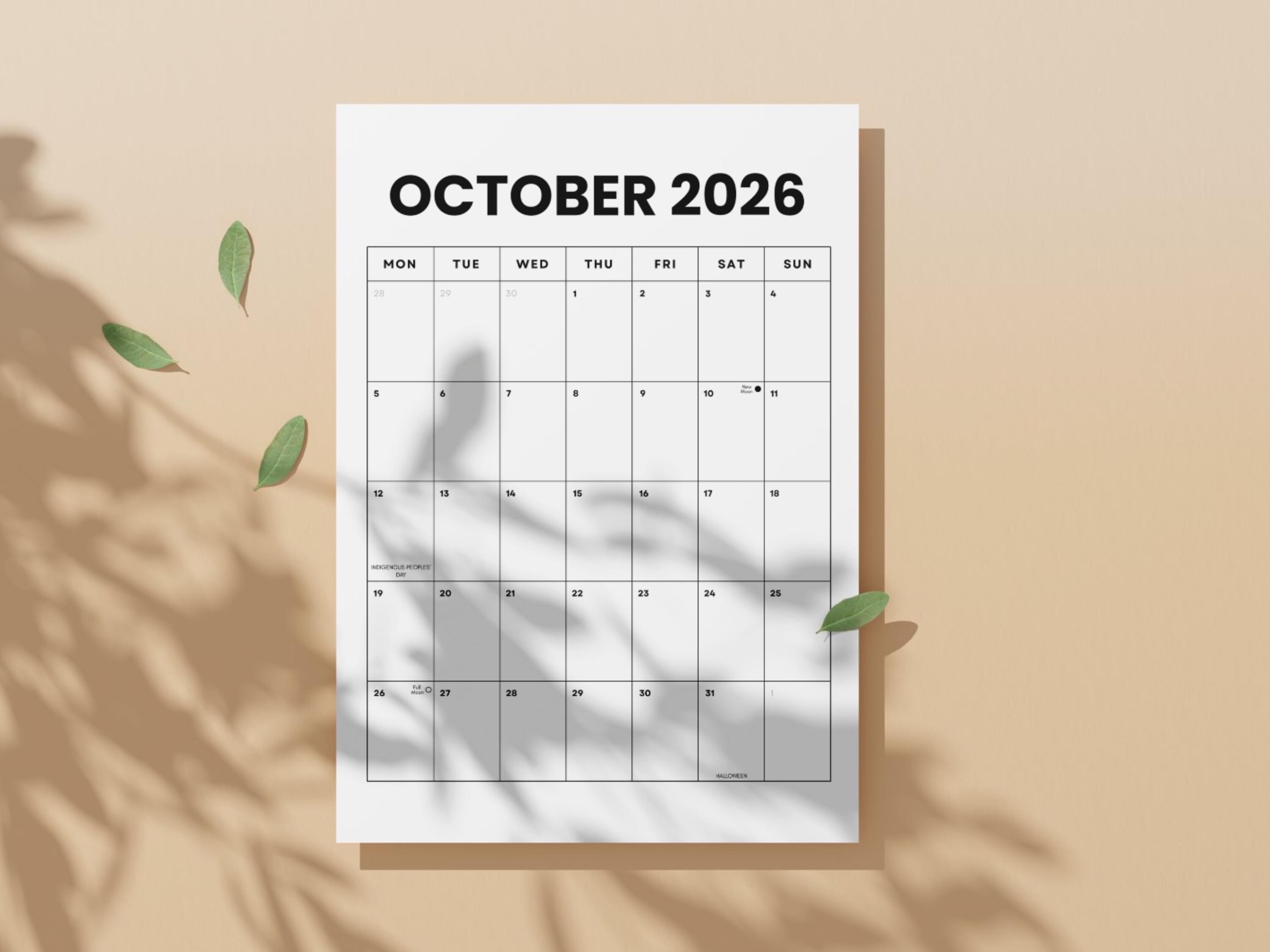 October 2026 Vertical Calendar Printable W/holidays & Moons: Minimalist ...