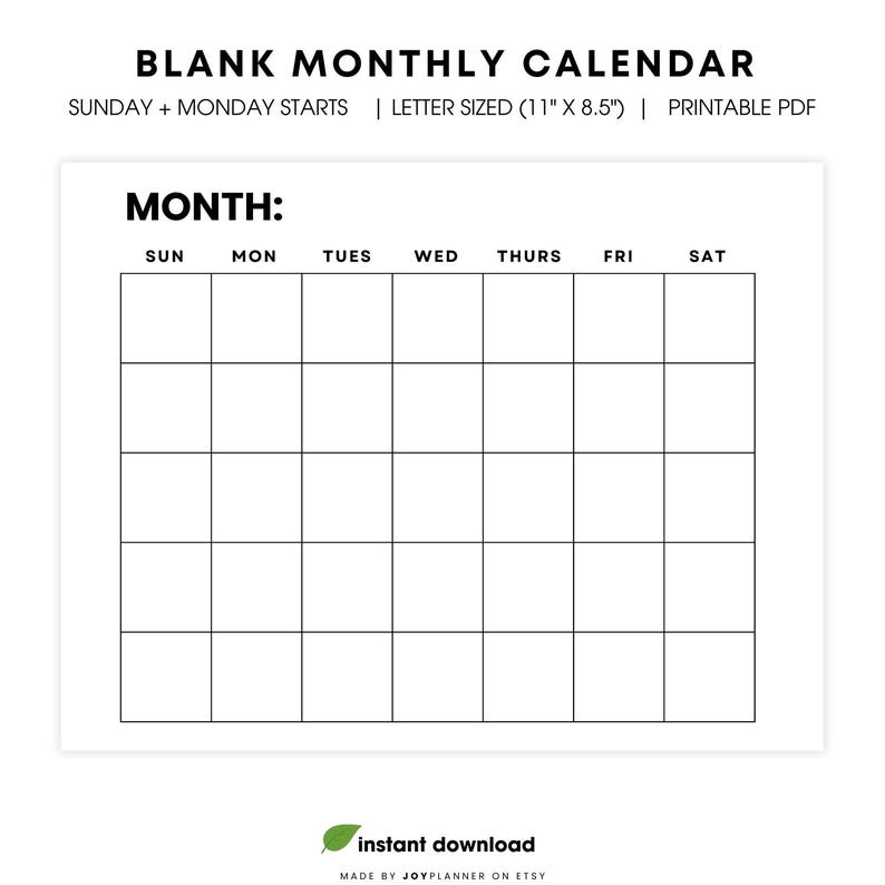 Blank Landscape Monthly Calendar Printable PDF | Minimalist Undated ...
