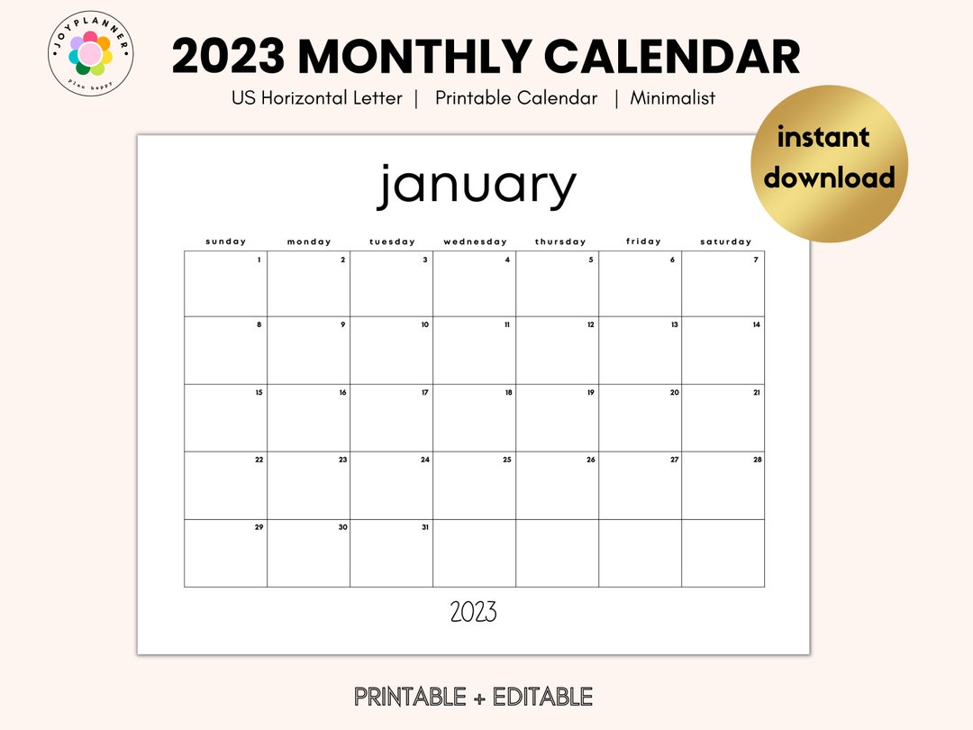 2023 Monthly Simple Printable Calendar Digital Monthly Planner Instant ...
