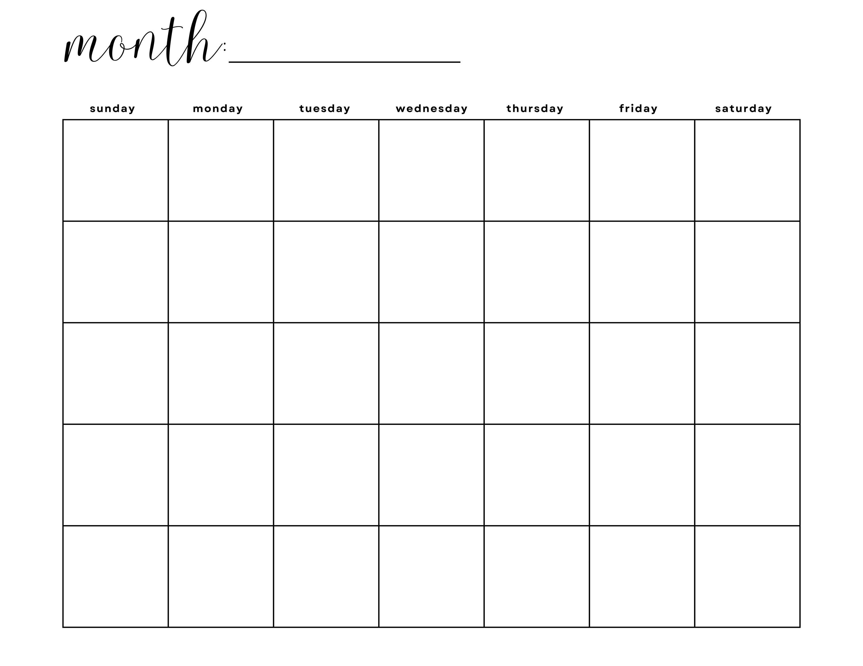 Blank Monthly Calendar Printable PDF | Cursive Minimalist Undated ...