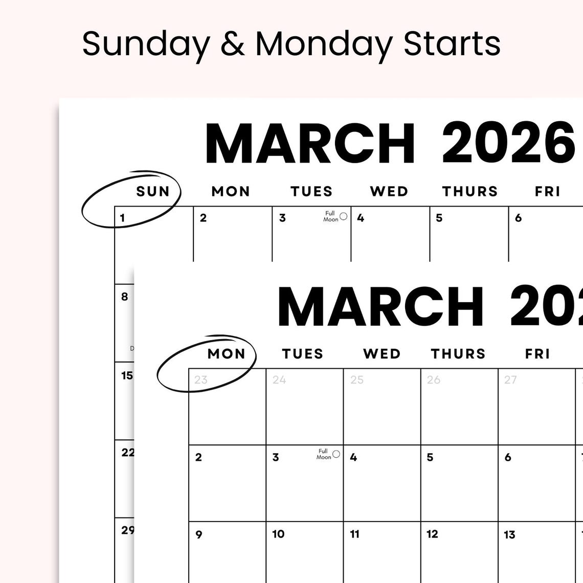 March 2026 Monthly Calendar W/holidays + Moons: Minimalist Landscape ...