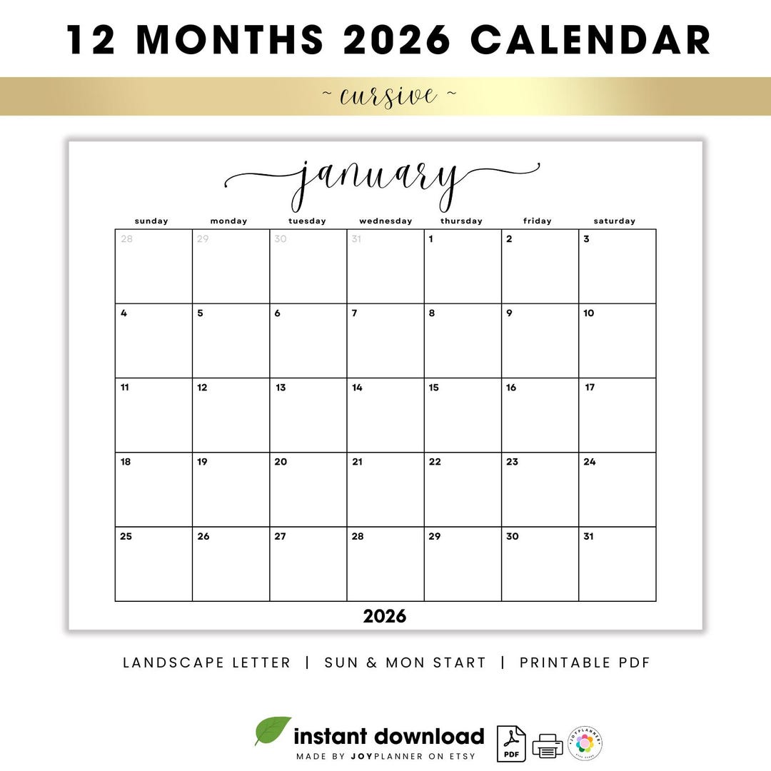 Dated 2026 Minimalist Calendar Printable PDF | 12 Months | Sunday ...