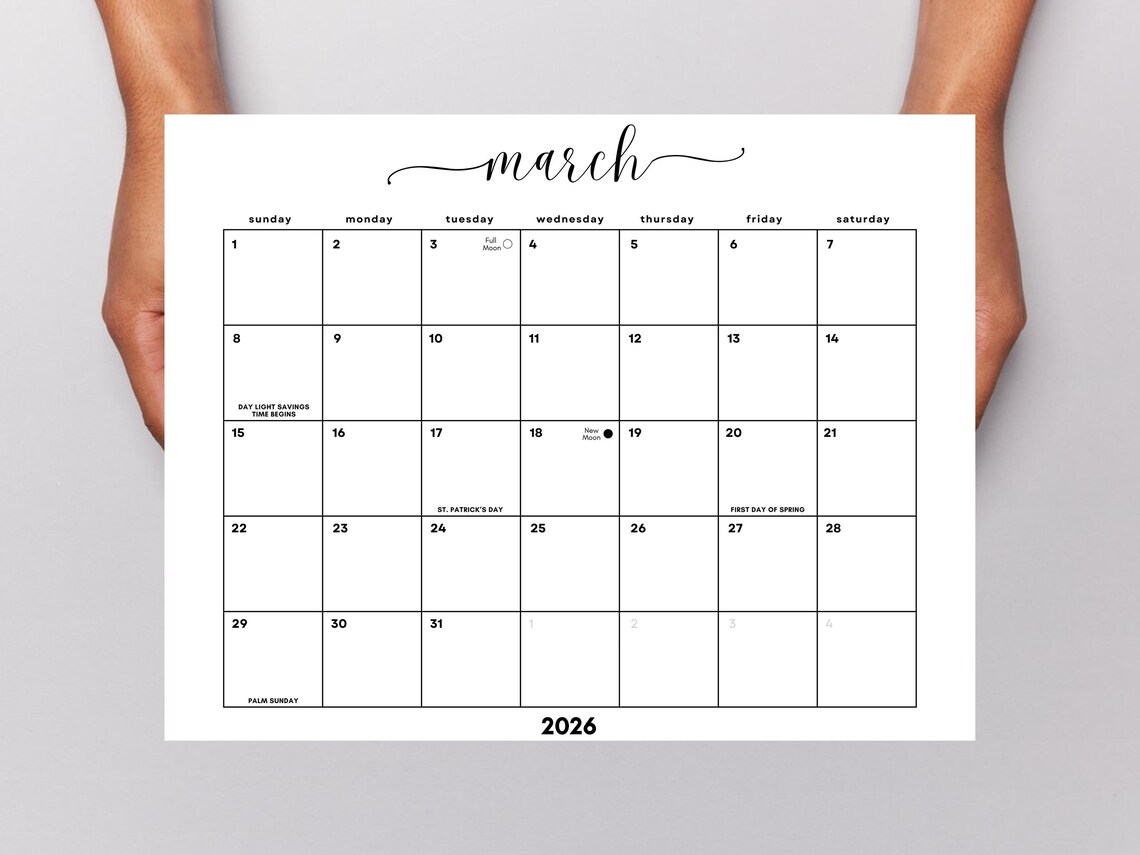 March 2026 Monthly Calendar: Minimalist Cursive Landscape Planner ...