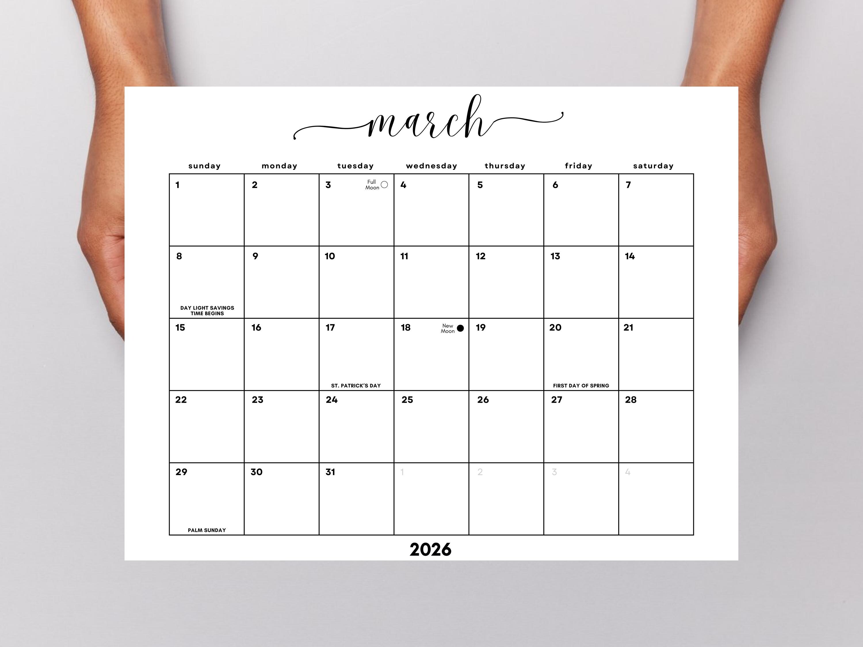 March 2026 Monthly Calendar: Minimalist Cursive Landscape Planner ...