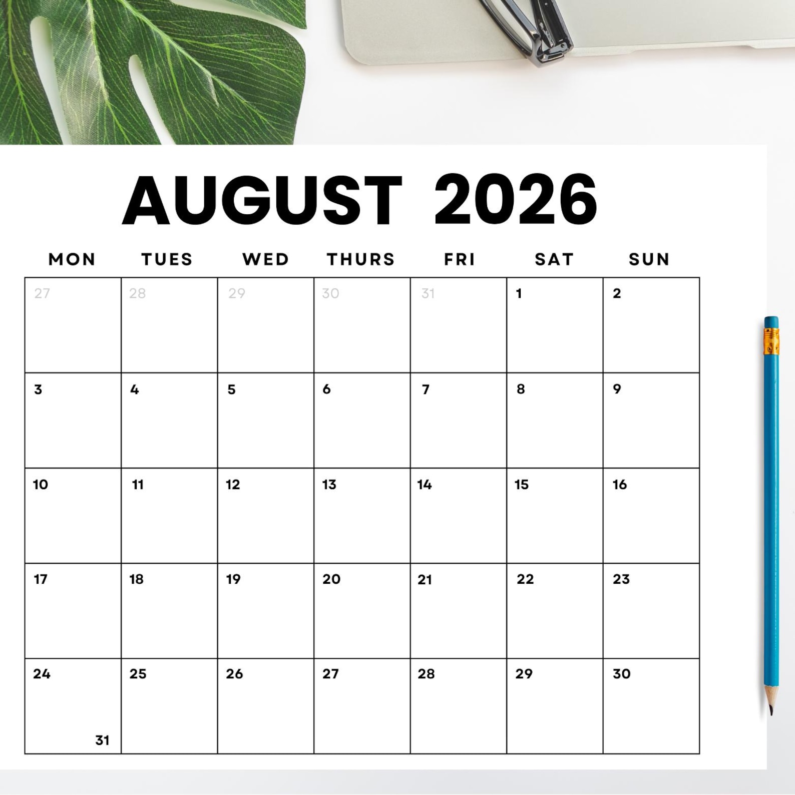 August 2026 Monthly Calendar Printable: Minimalist PDF (sunday/monday ...