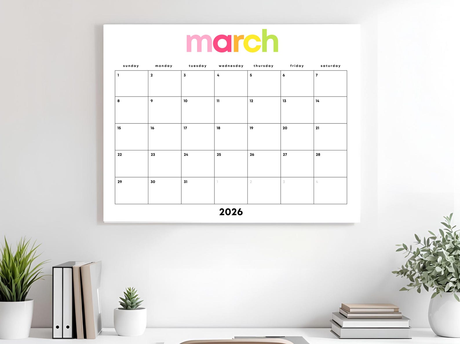 March 2026 Minimalist Calendar Printable: Rainbow PDF, Sunday/monday ...