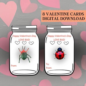 Love Bug Valentines, Printable Valentine Cards for Kids, Insects, Mason ...
