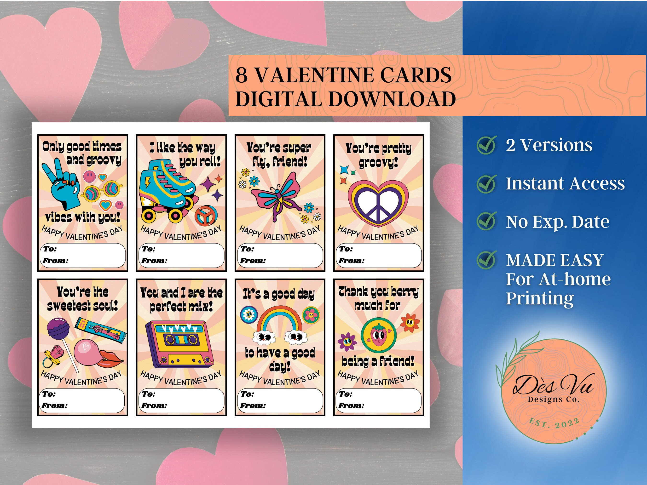 Retro Groovy Valentine's Day Cards for Kids, Printable V-day Cards ...