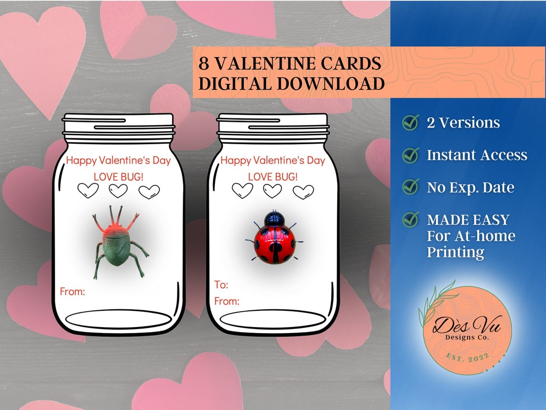 Love Bug Valentines, Printable Valentine Cards for Kids, Insects, Mason ...