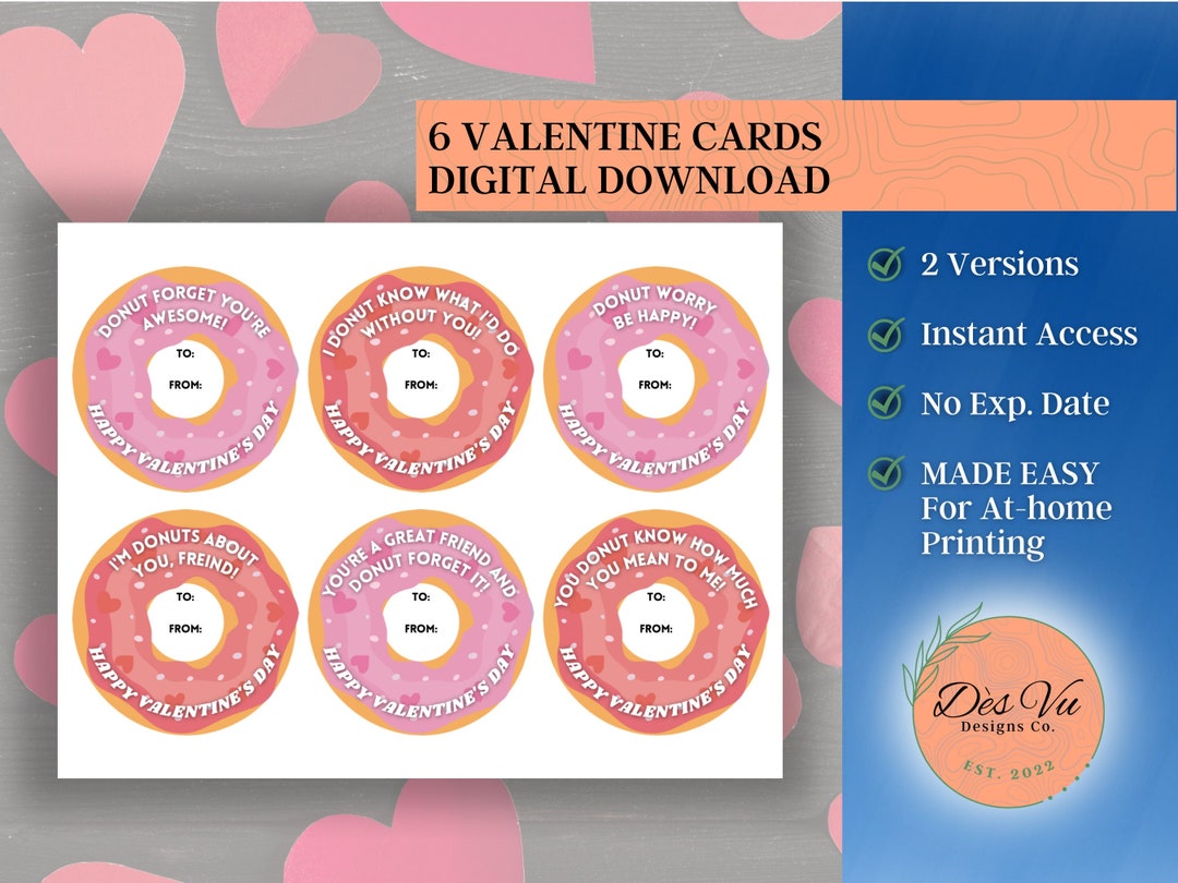 Donut Valentine's Day Cards for Kids, Printable Valentines, Donut V-day ...