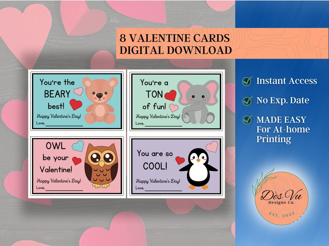 Cute Animals Valentine's Day Cards for Kids, Printable V-day Cards ...
