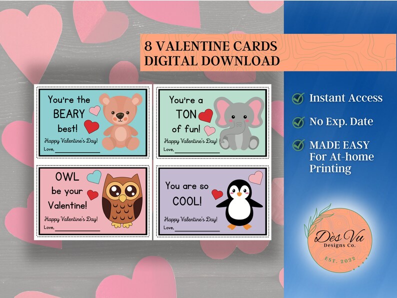 Cute Animals Valentine's Day Cards for Kids, Printable V-day Cards ...