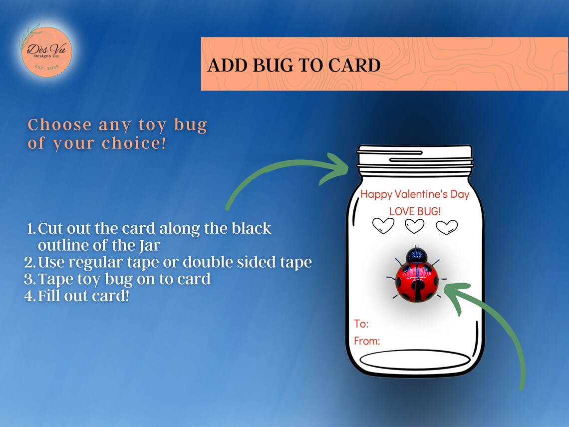 Love Bug Valentines, Printable Valentine Cards for Kids, Insects, Mason ...