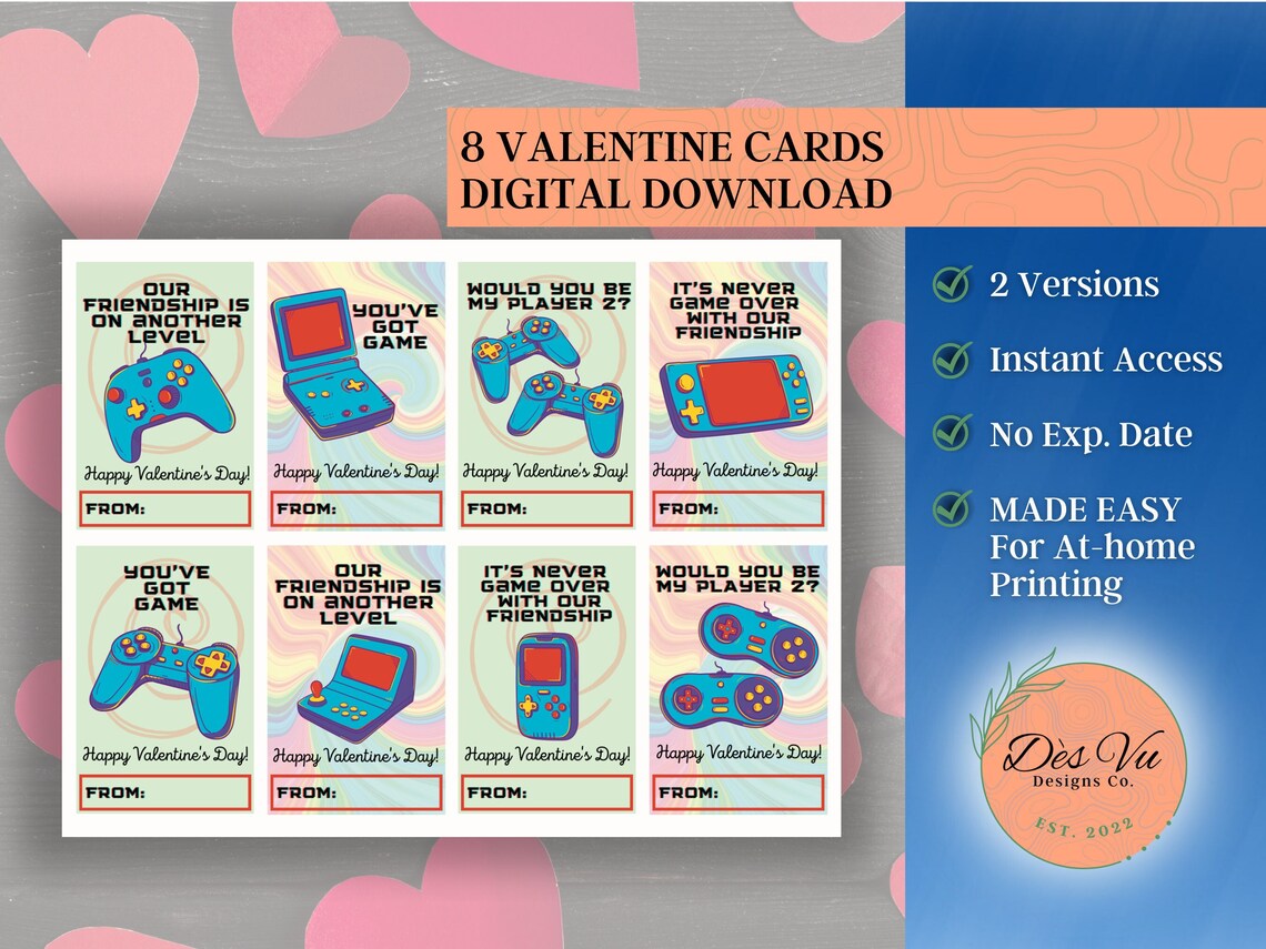 Video Game Valentine's Day Cards for Kids, Printable V-day Cards ...