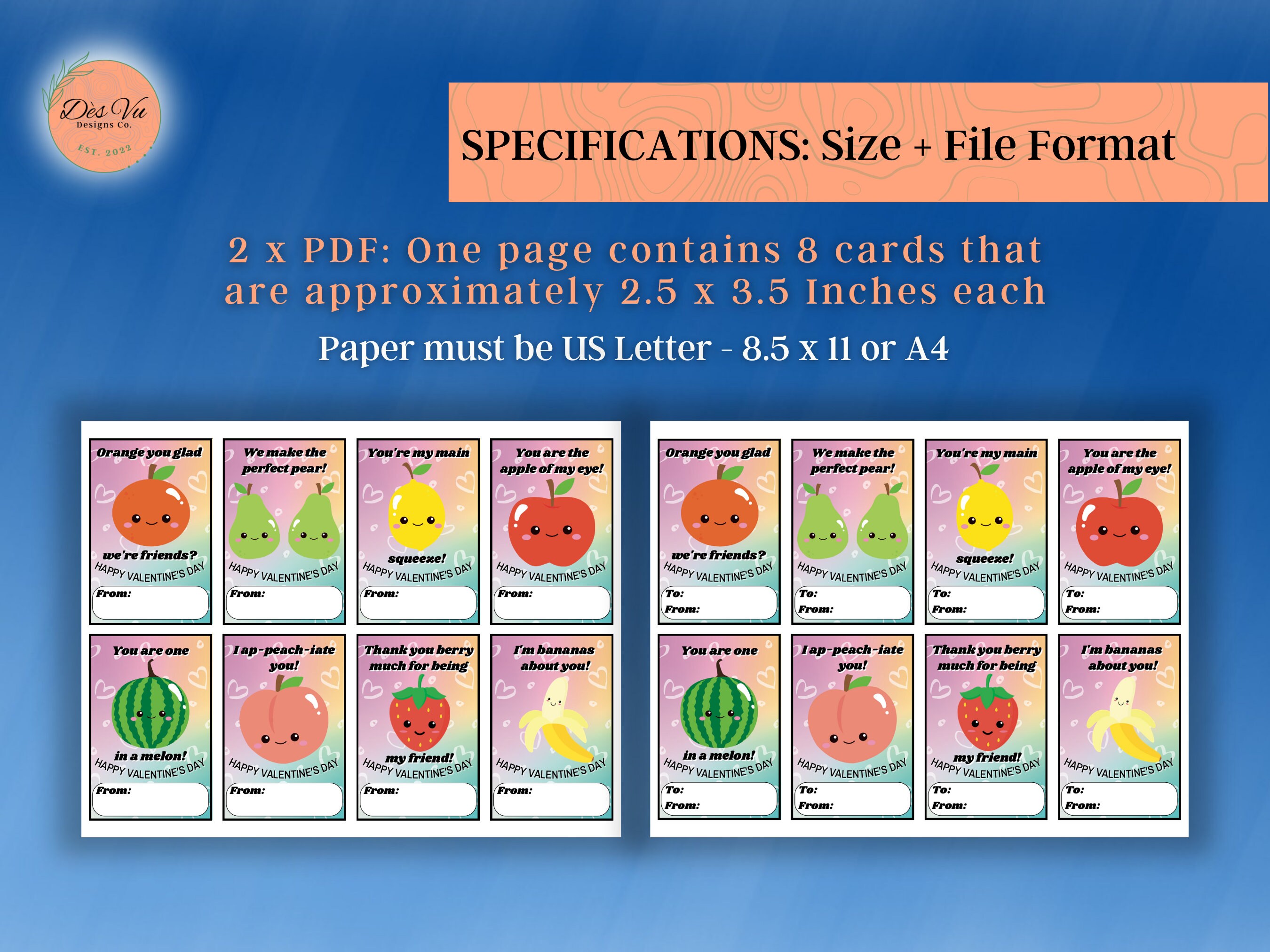 Cute Fruit Valentine's Day Cards for Kids, Printable Valentines, Fruit ...