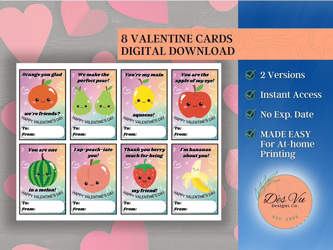 Cute Fruit Valentine's Day Cards for Kids, Printable Valentines, Fruit ...