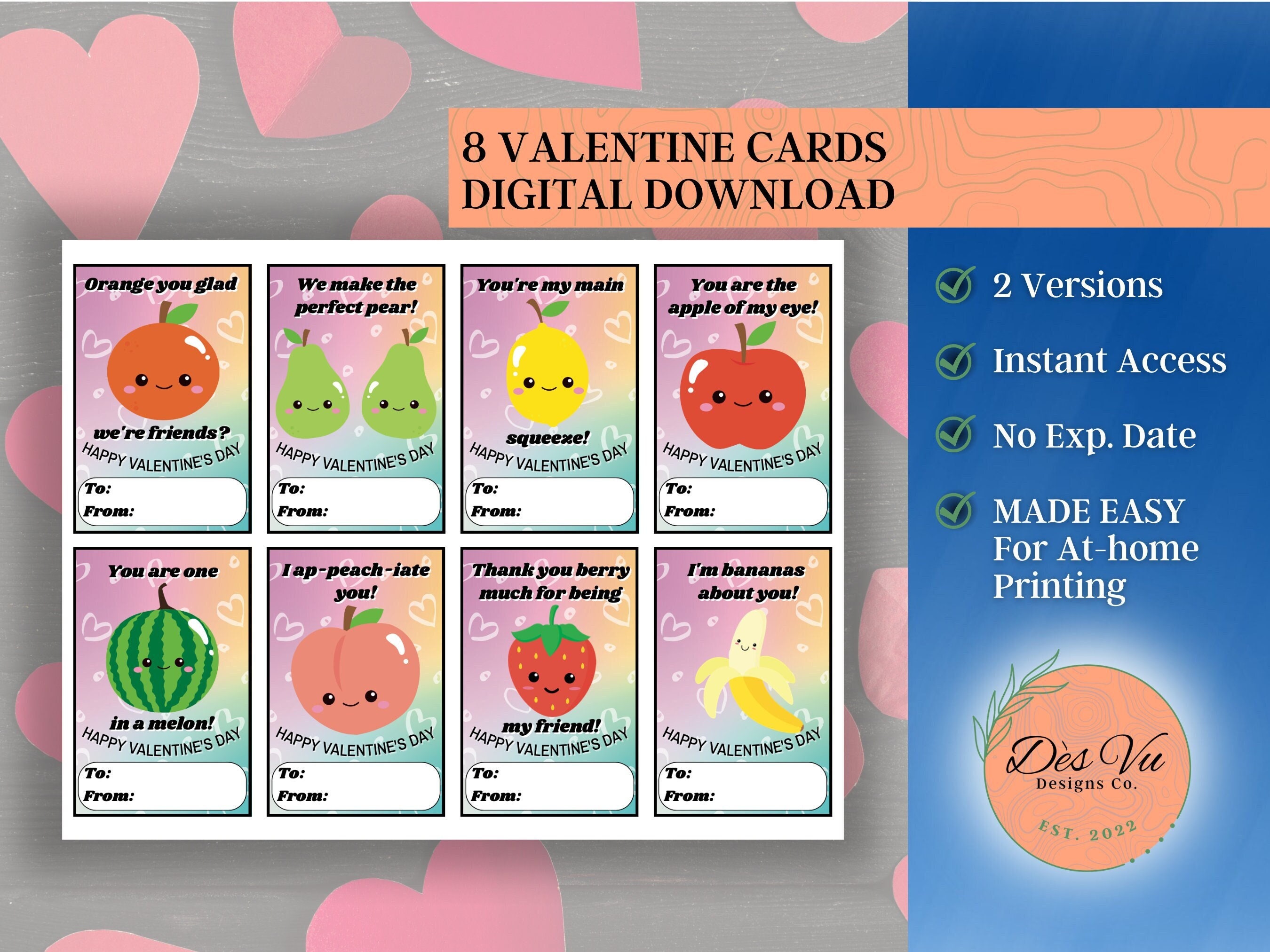 Cute Fruit Valentine's Day Cards for Kids, Printable Valentines, Fruit ...