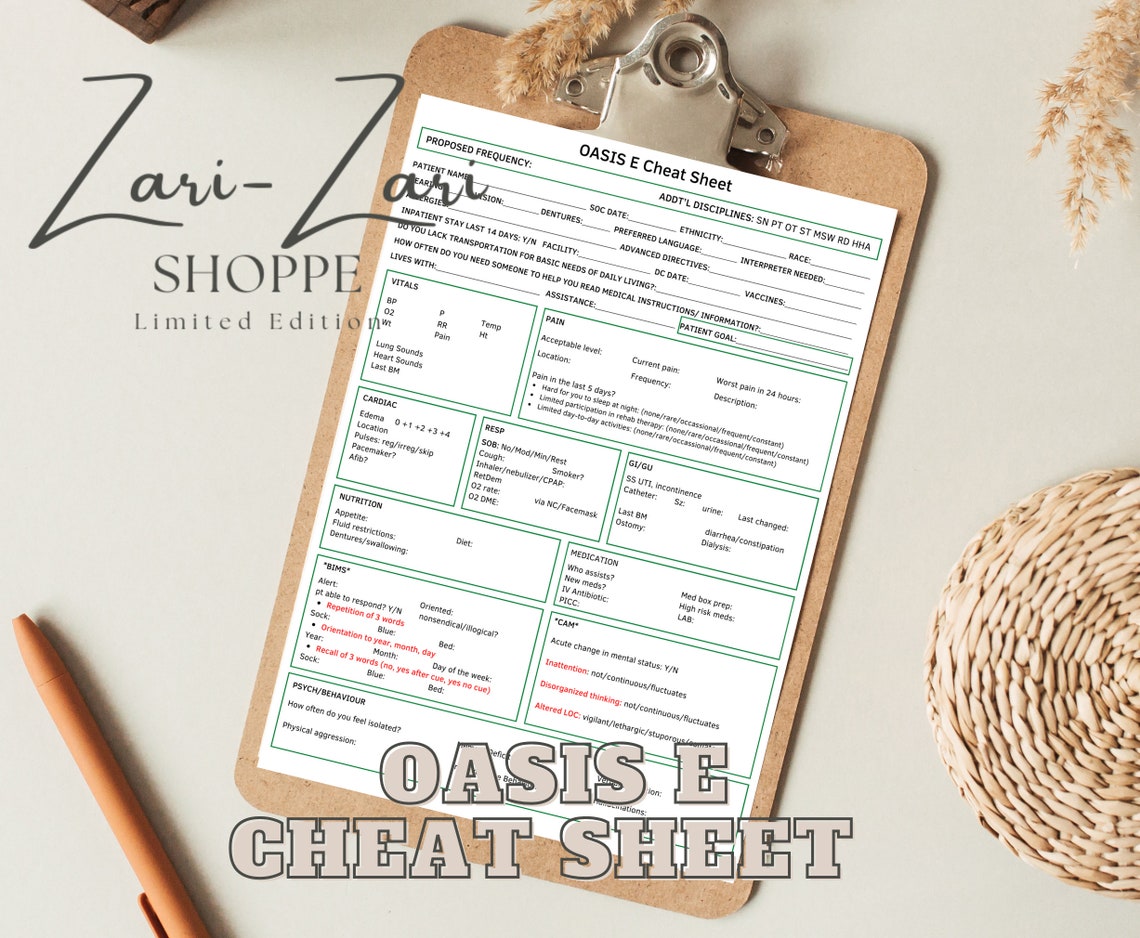 OASIS E Cheat Sheet With High Risk Medications and Written BIMS ...