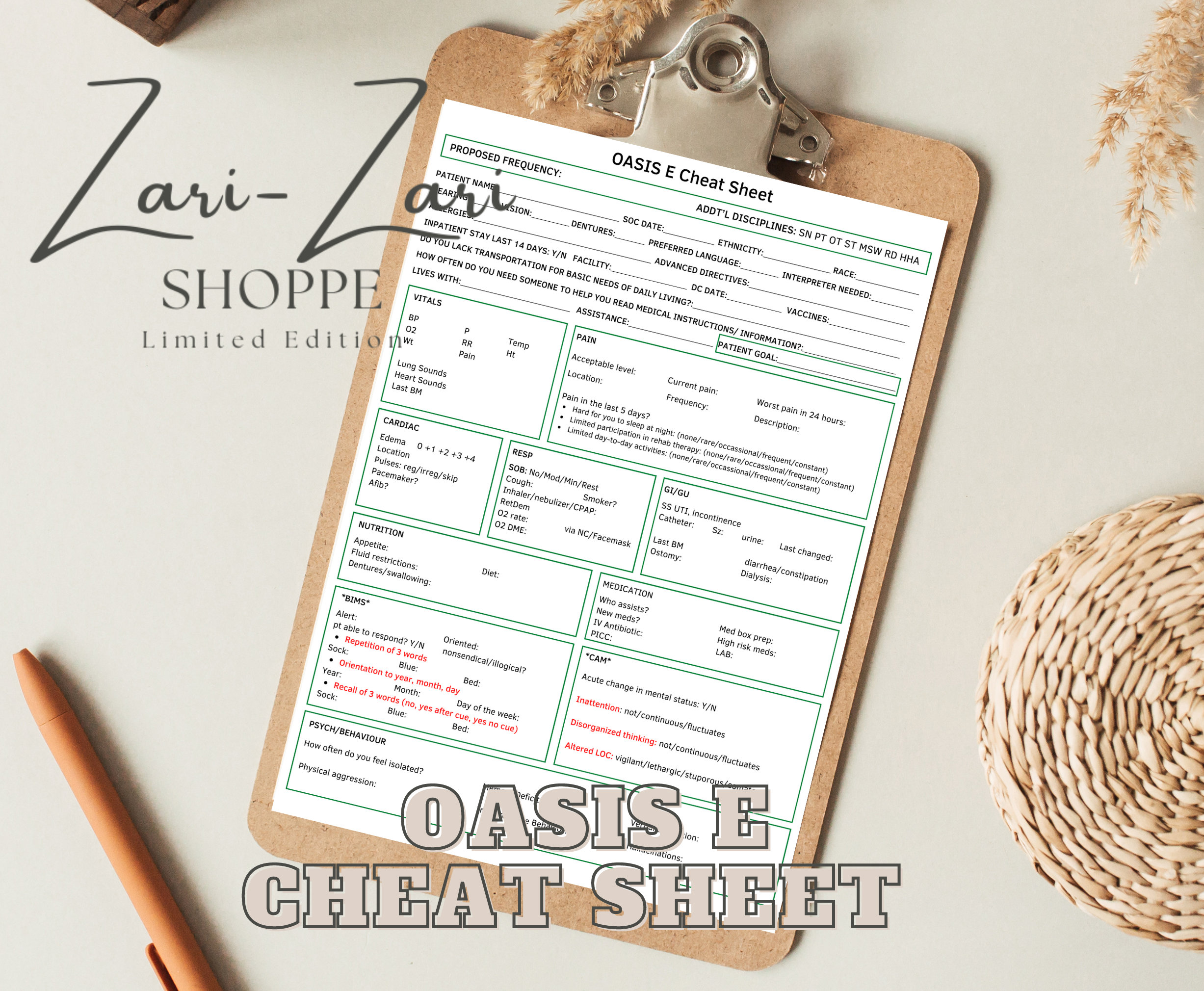 OASIS E Cheat Sheet With High Risk Medications and Written BIMS ...