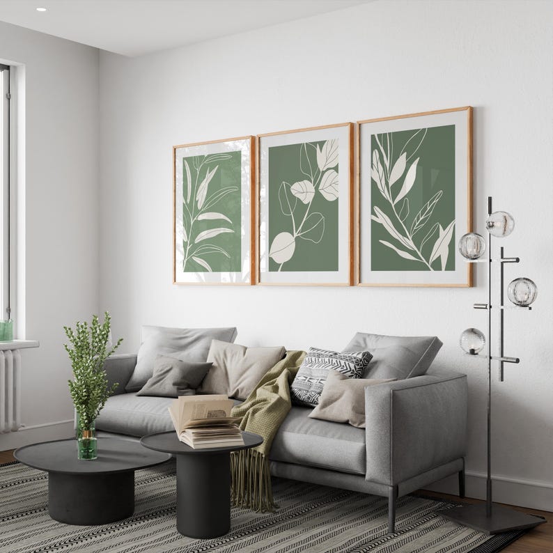 Green Botanical Line Art Print Set: Minimalist Leaf Decor (digital ...