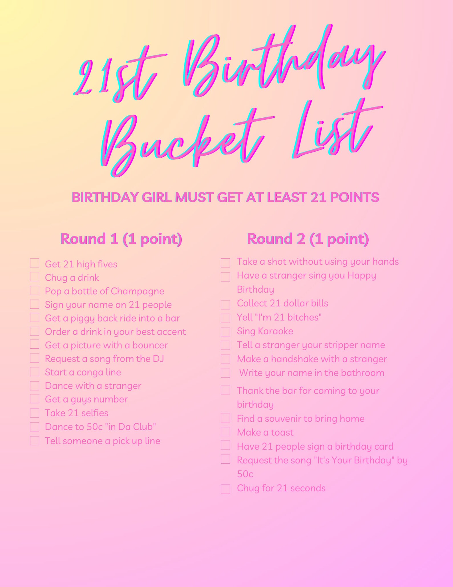21st Birthday Bucket List Printable - Etsy