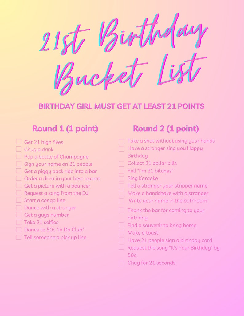 21st Birthday Bucket List Printable - Etsy