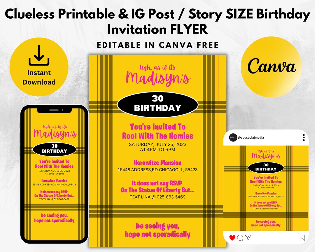 Clueless Themed Printable Birthday Invitation Template Instagram Post ...