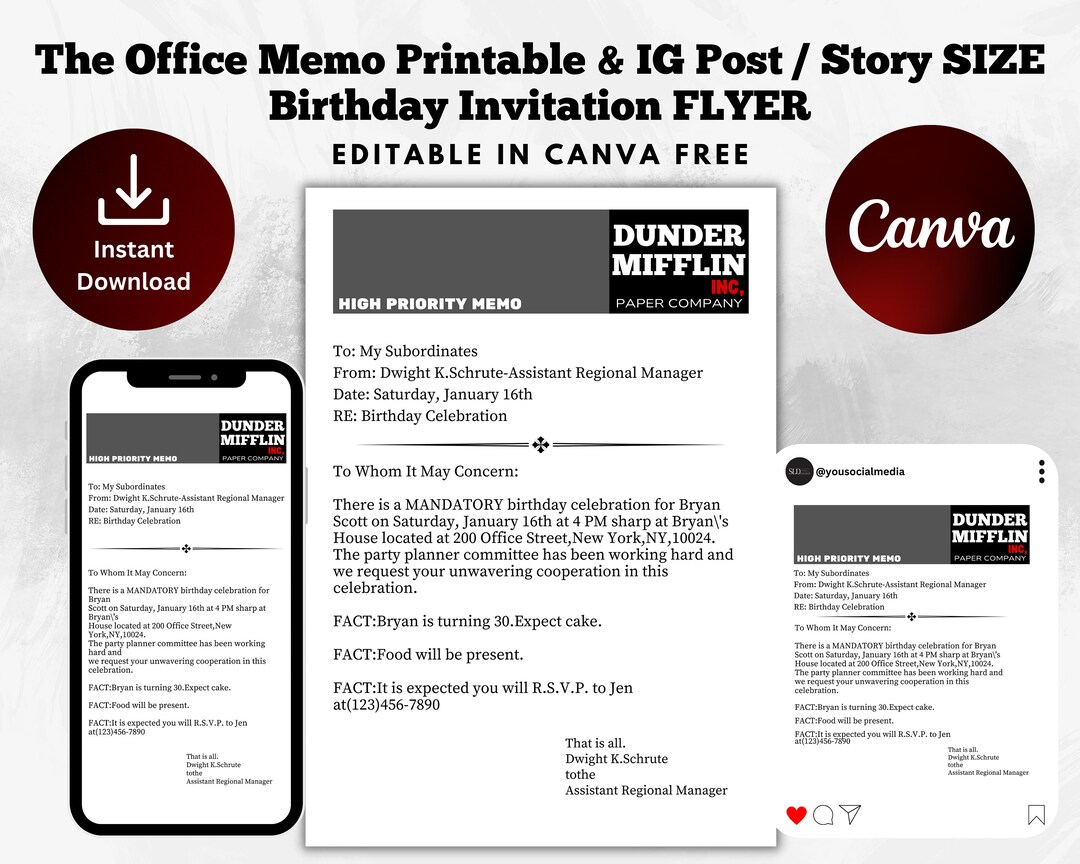 The Office Memo Themed Printable Birthday Invitation Template Instagram ...