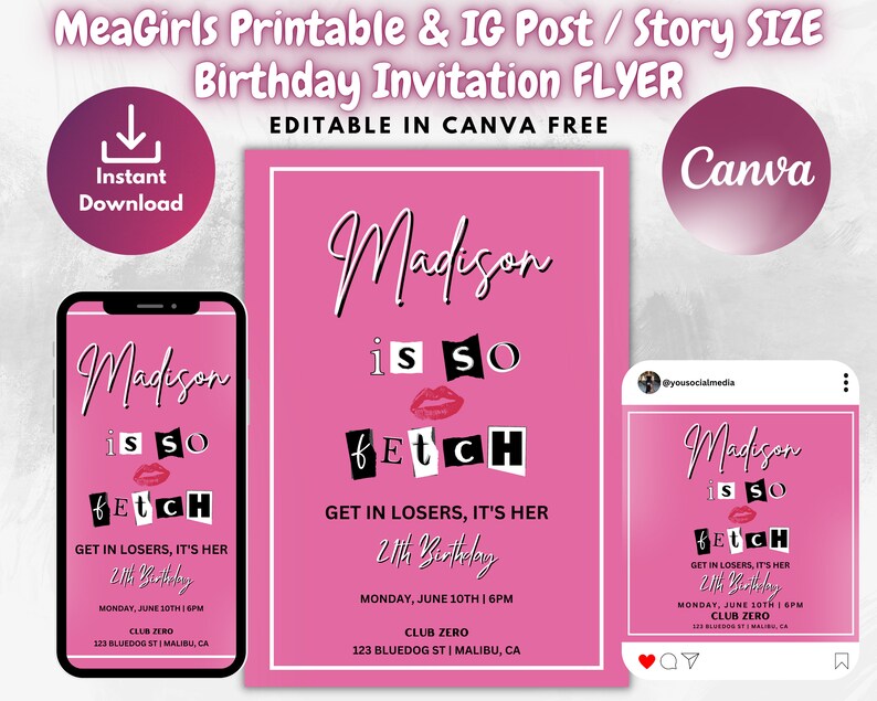 Mean Girls Inspired Printable Birthday Invitation Flyer Instagram Post And Story Mean Girls