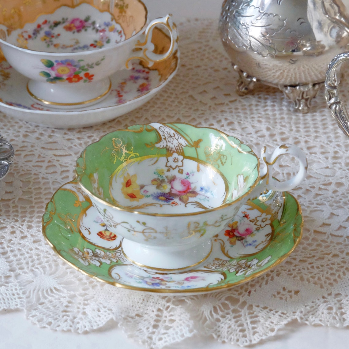 Antique Coalport Cup and Saucer: Adelaide Shape, Apple Green, Floral, C ...