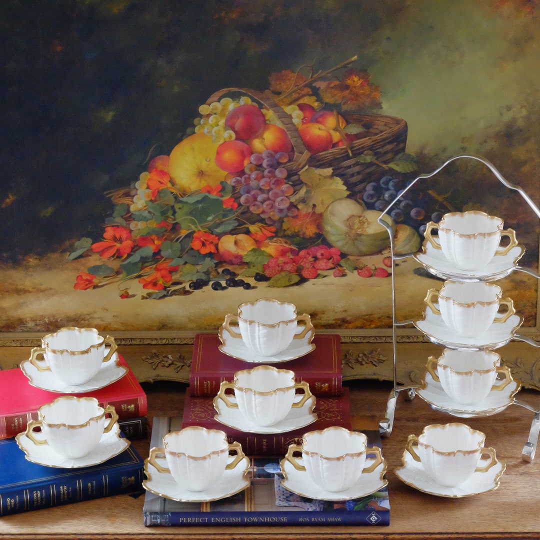 10 * Rare Wileman Shell Shape Gilt Double Handle Bouillon Cups and ...