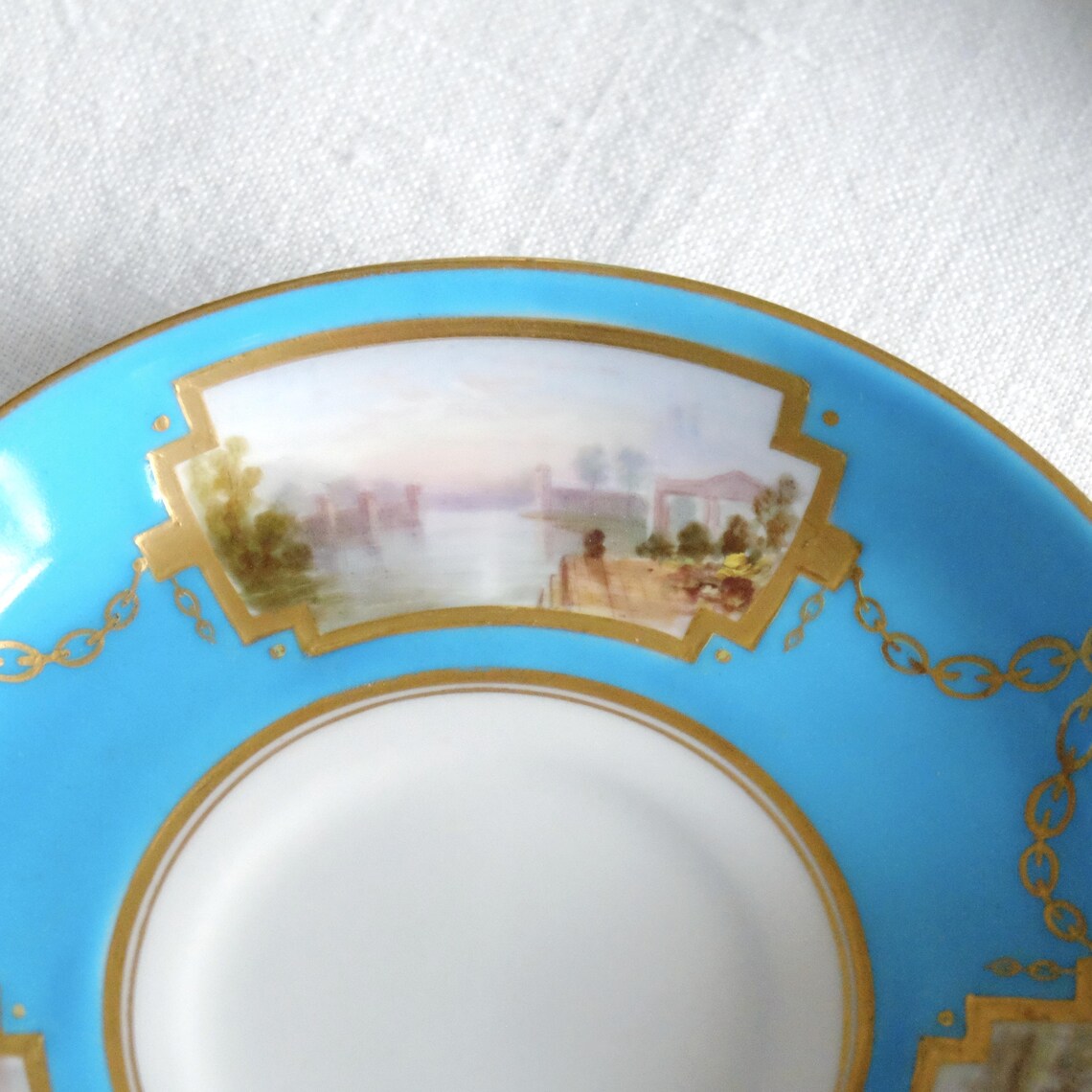 Minton Porcelain Cup and Saucer Set: Turquoise Hand-painted Landscape ...