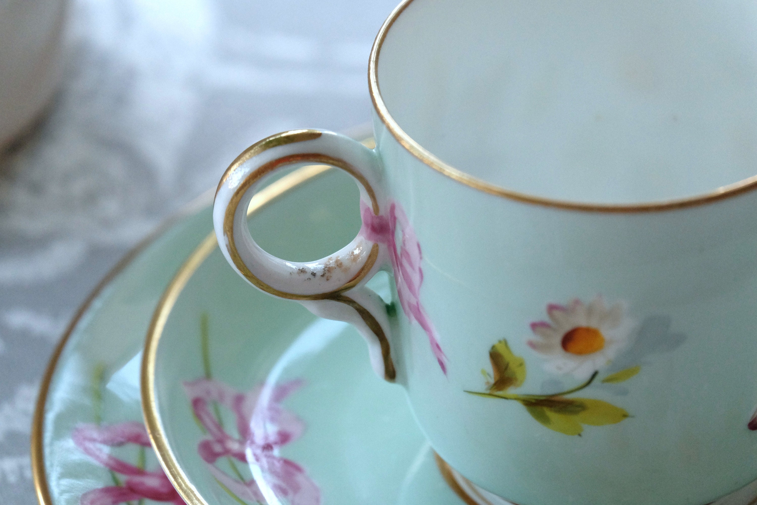 Collingwood Porcelain Tea Trio, Hand Painted Daisy Pink Bow, 1887-1900 ...