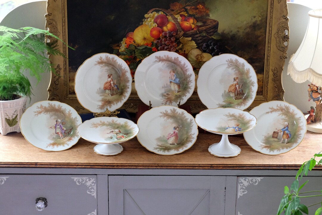 Set of 8 French Hand Painted Dessert Set With Scenes of Lovely Child ...