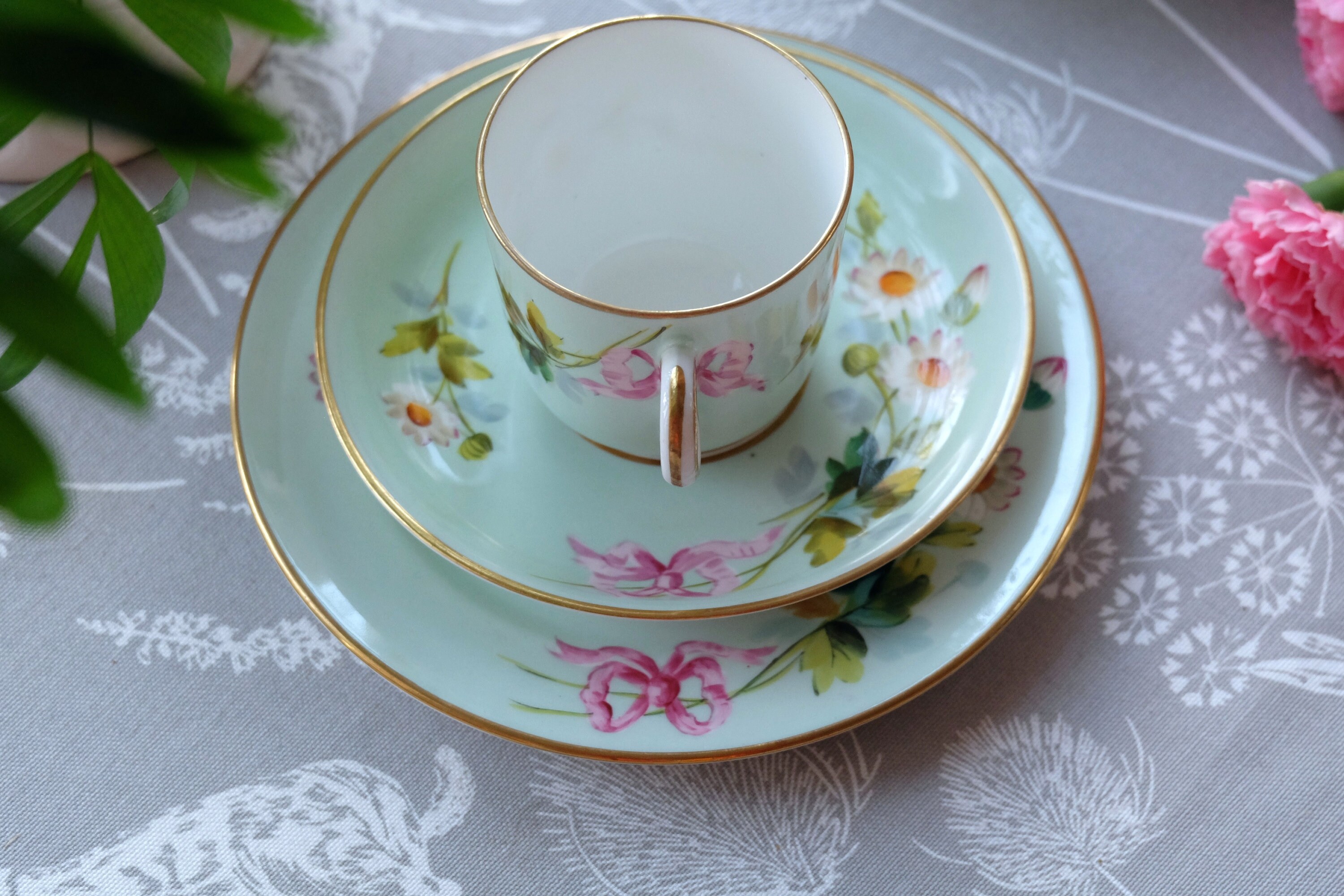 Collingwood Porcelain Tea Trio, Hand Painted Daisy Pink Bow, 1887-1900 ...