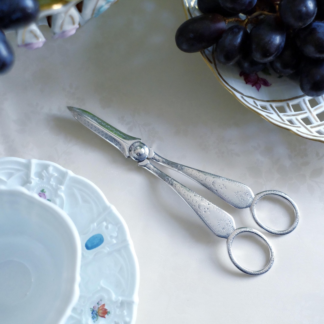 A Pair of Antique Silver Plated Grape Scissors With Engraved Patterns ...