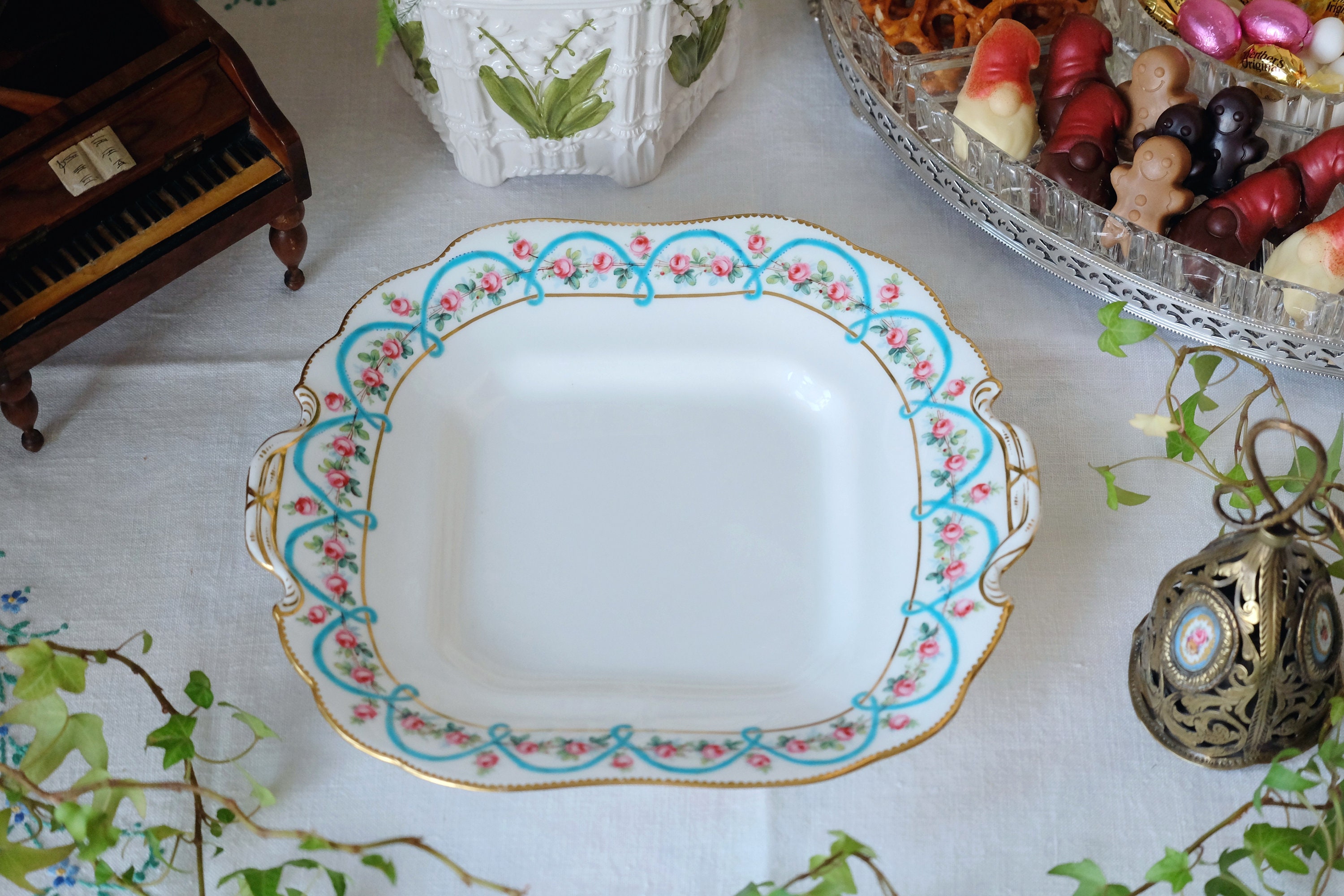 Minton Porcelain Turquoise Ribbon Hand Painted A Band of Roses Quad ...