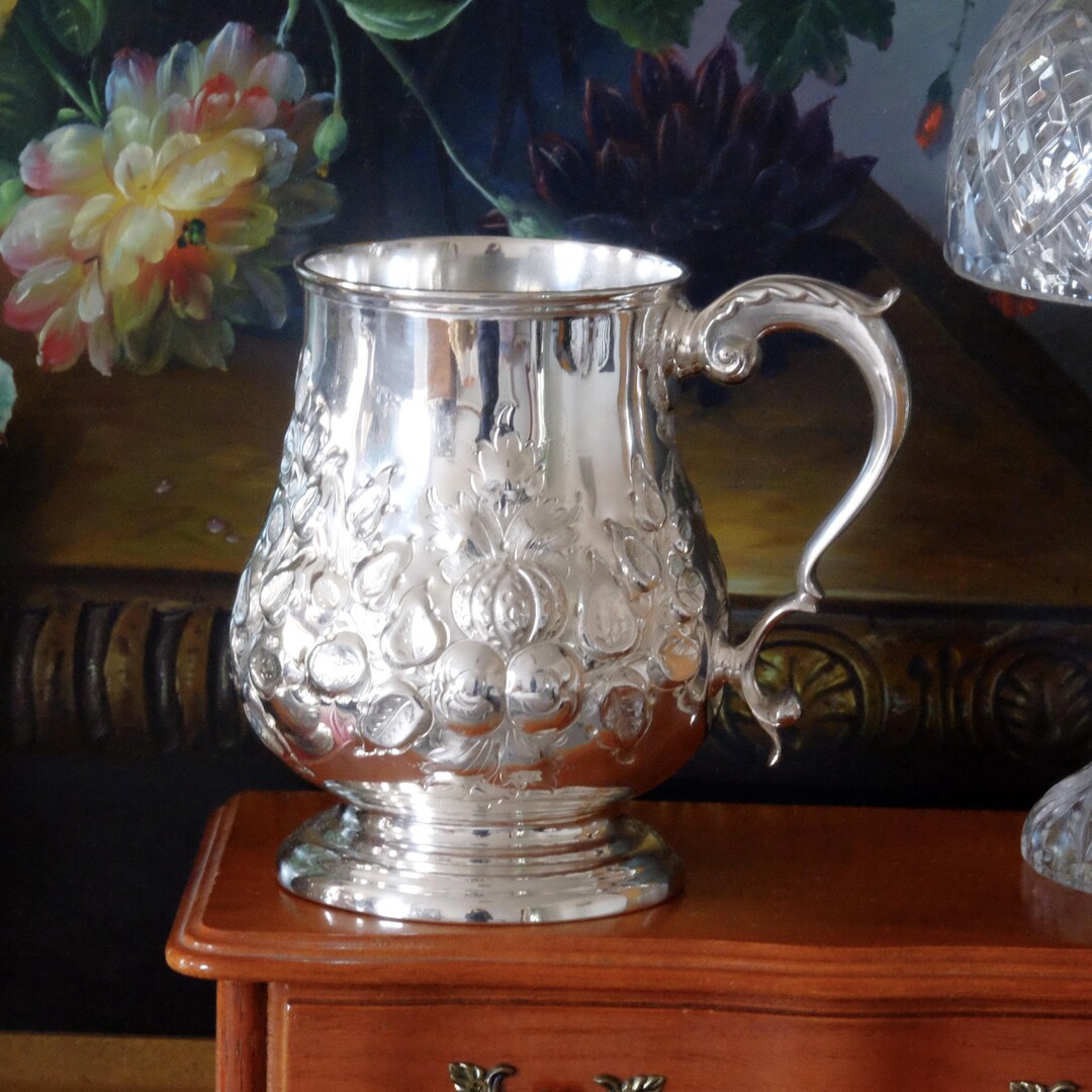 Early 20th Century Ornate Silver Plated Tankard: High-relief Fruit ...