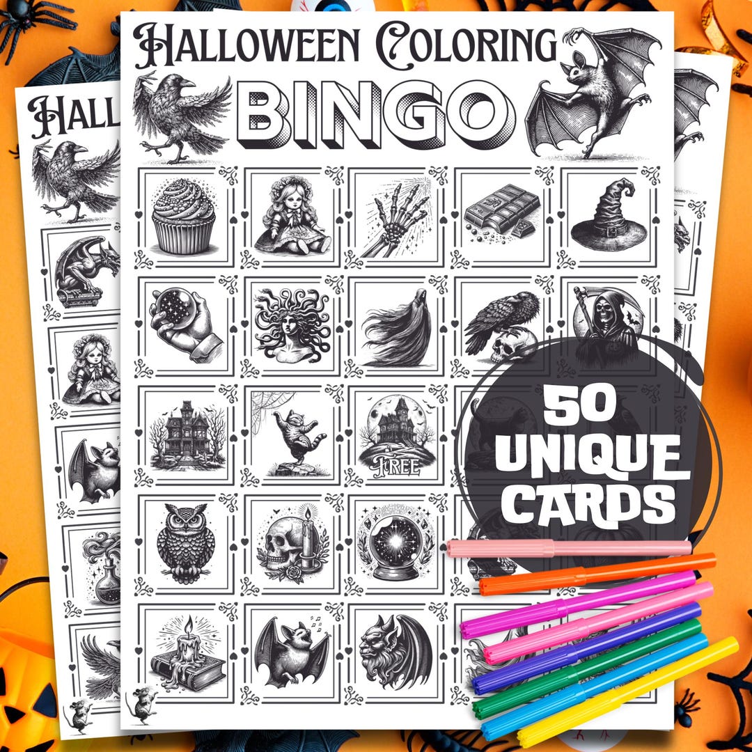 50 Halloween Coloring Bingo Cards | Vintage Gothic Illustrations ...