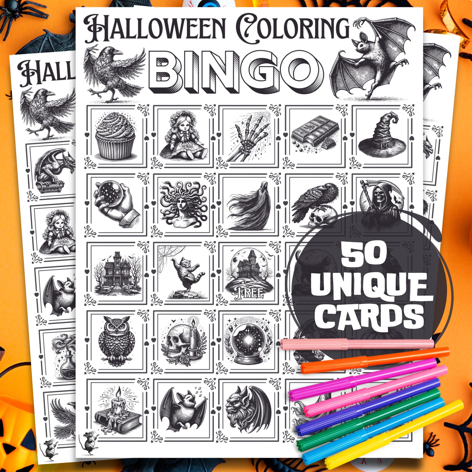 50 Halloween Coloring Bingo Cards | Vintage Gothic Illustrations ...