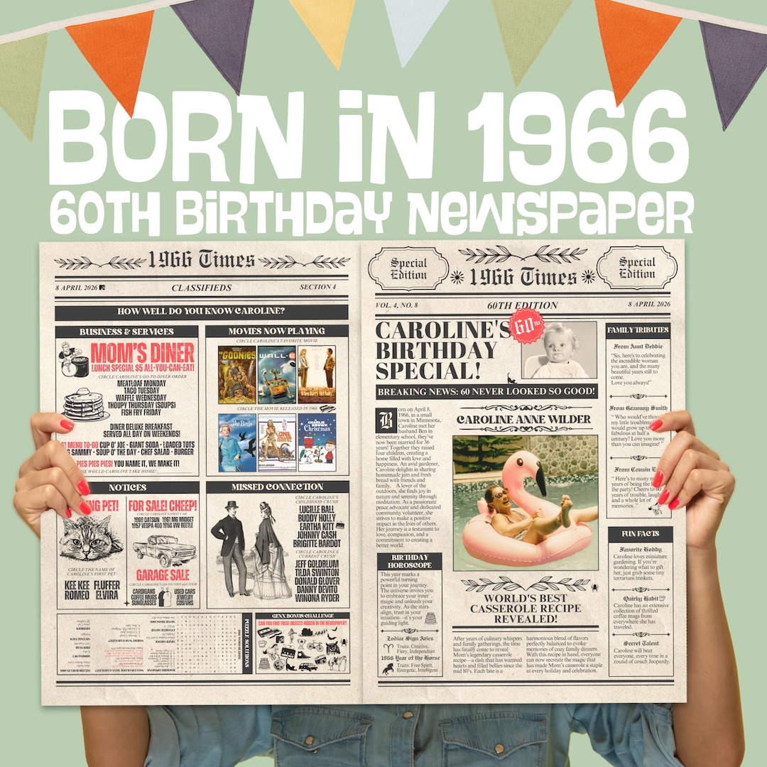 60th Birthday Newspaper Template | Born in 1966 | Four Full Pages ...