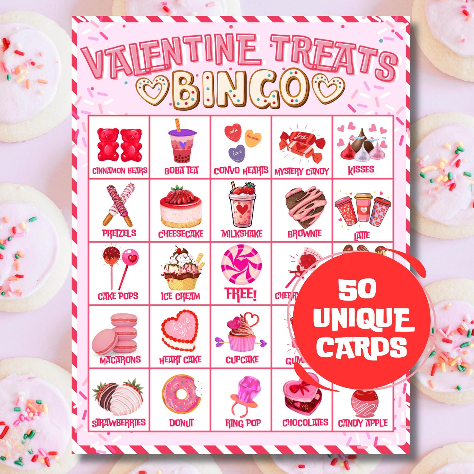 50 Valentine Bingo Cards | Treats & Candy Themed | Kids Holiday Party ...