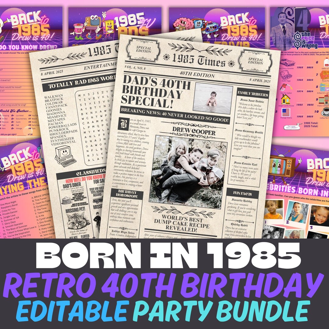 40th Birthday Games Bundle | Editable in Canva | Born in 1985 | Retro ...