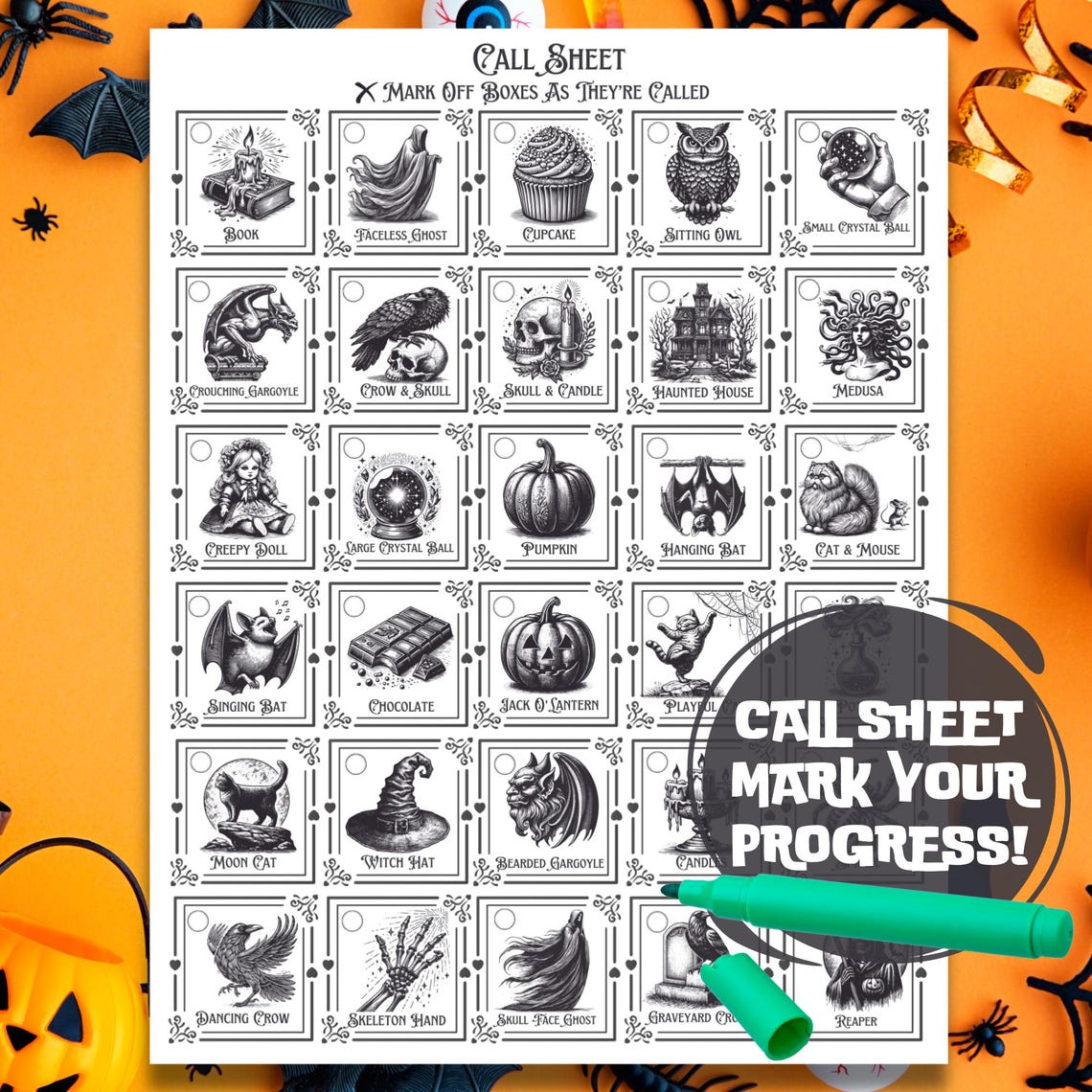 50 Halloween Coloring Bingo Cards | Vintage Gothic Illustrations ...