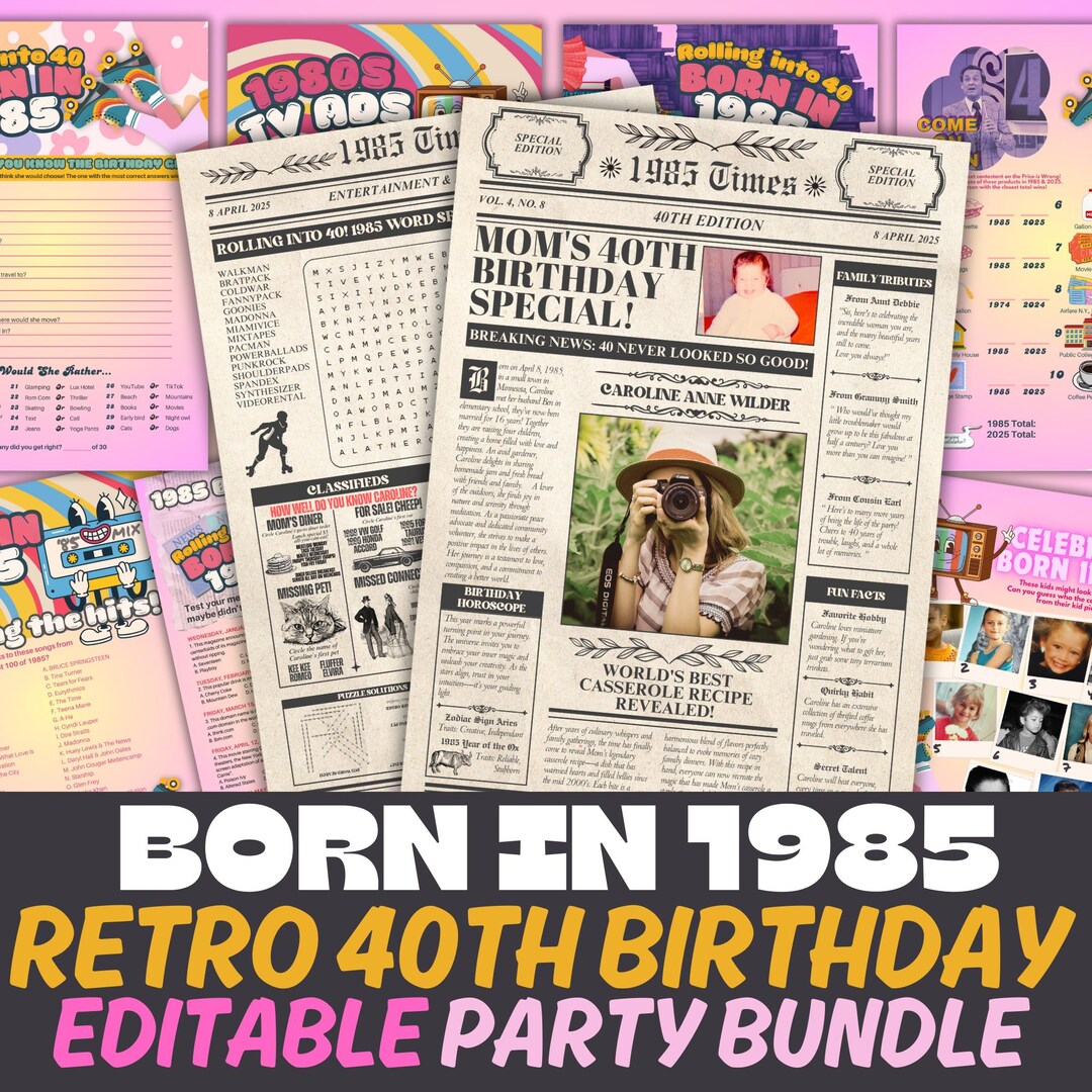 40th Birthday Games Bundle Editable in Canva Born in 1985 Retro 1980's ...