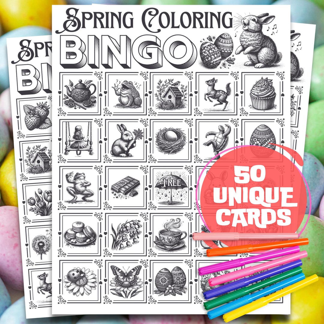 50 Spring Coloring Bingo Cards | Vintage Spring Illustrations | Kids ...