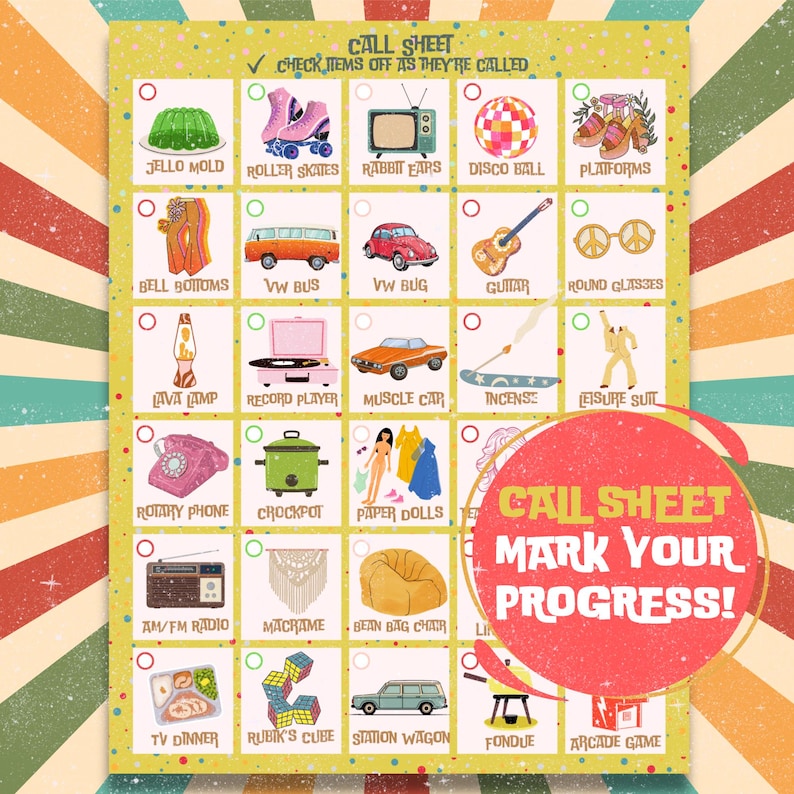 1970s Retro Bingo Printable Game | 50 Nostalgic Cards for Party Fun ...