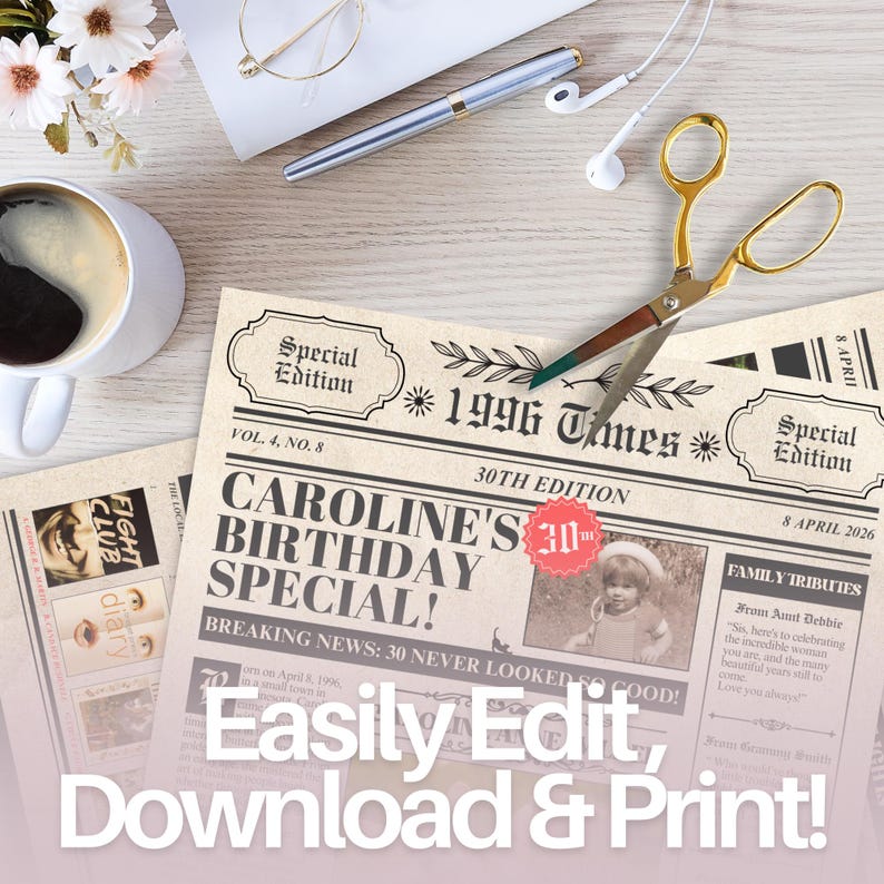 30th Birthday Newspaper Template | Born in 1996 | Four Full Pages ...
